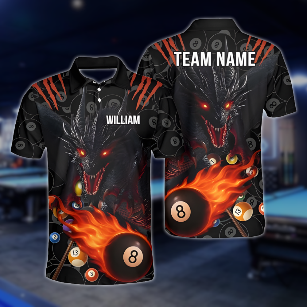 Custom Dragon Flaming 8 Ball Billiard Men Polo Shirt, Custom Dragon Bi ...